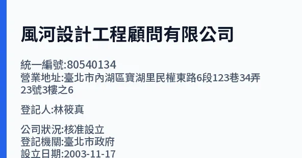 風河設計工程顧問有限公司的照片-統編 80540134(臺北市) 公司登記資料與營業項目詳細圖表