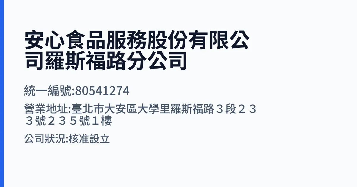 安心食品服務股份有限公司羅斯福路分公司 - 統編 80541274(臺北市) 公司登記資料與營業項目詳細圖表