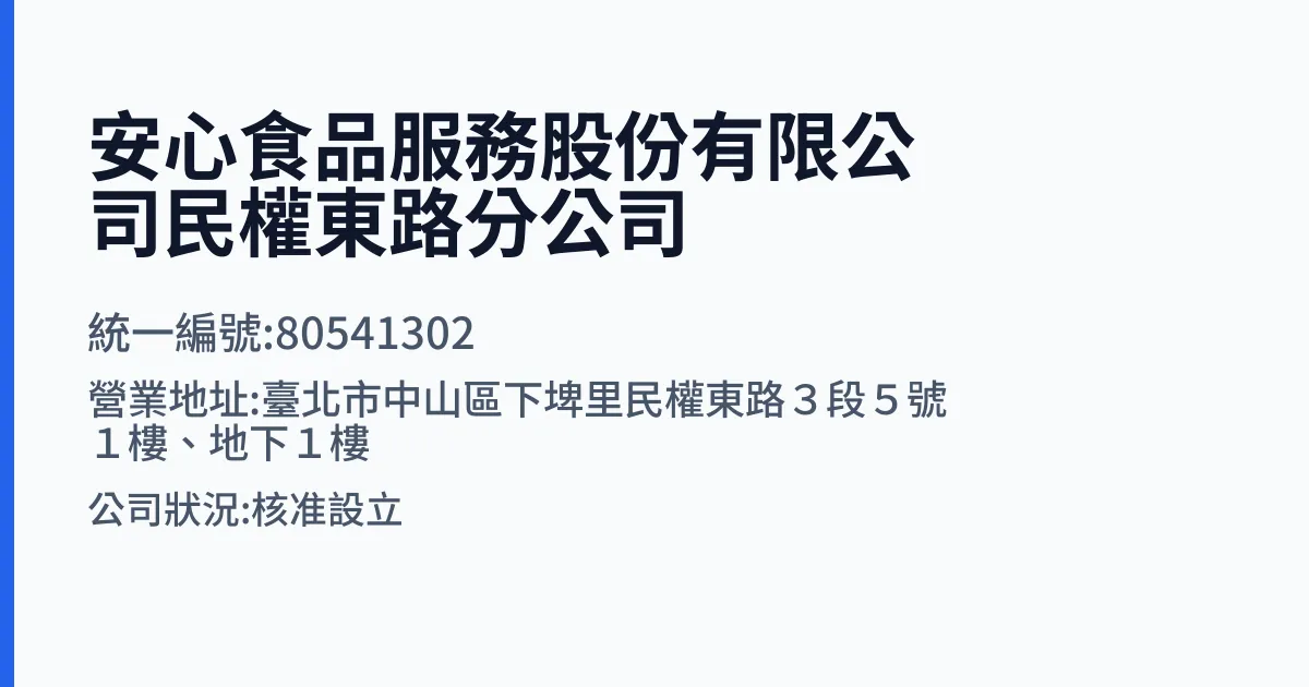 安心食品服務股份有限公司民權東路分公司 - 統編 80541302(臺北市) 公司登記資料與營業項目詳細圖表