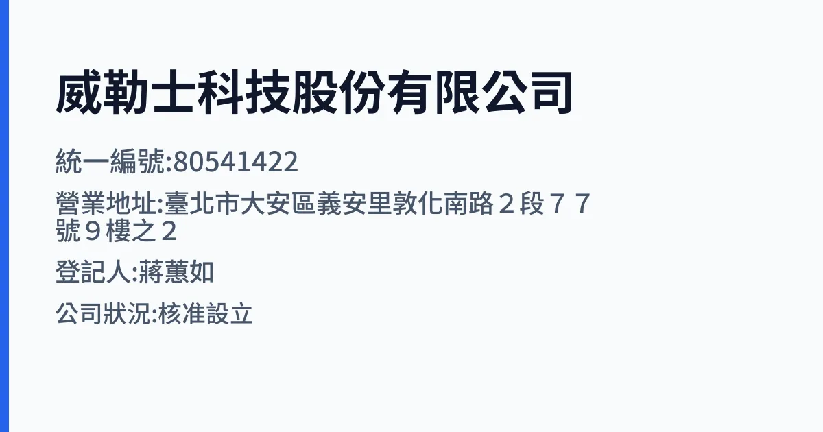 威勒士科技股份有限公司 - 統編 80541422(臺北市) 公司登記資料與營業項目詳細圖表