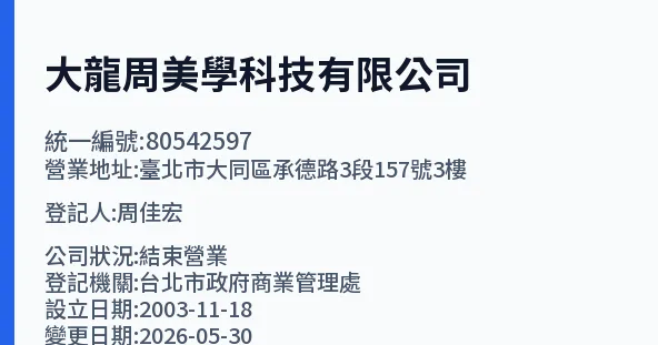 大龍周美學科技有限公司的照片-統編 80542597(臺北市) 公司登記資料與營業項目詳細圖表