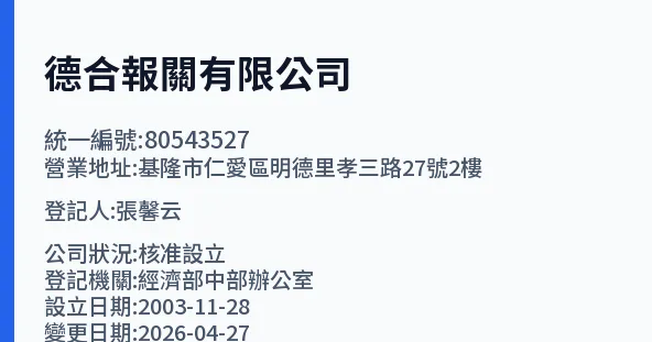 德合報關有限公司的照片-統編 80543527(基隆市) 公司登記資料與營業項目詳細圖表