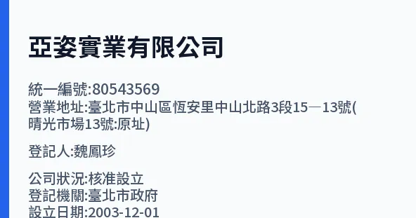 亞姿實業有限公司的照片-統編 80543569(臺北市) 公司登記資料與營業項目詳細圖表