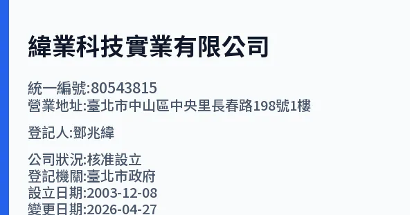 緯業科技實業有限公司的照片-統編 80543815(臺北市) 公司登記資料與營業項目詳細圖表