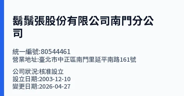 鬍鬚張股份有限公司南門分公司的照片-統編 80544461(臺北市) 公司登記資料與營業項目詳細圖表