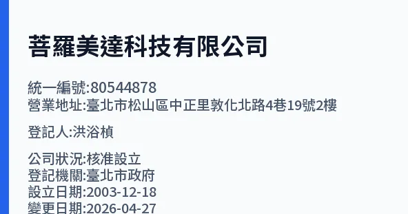 菩羅美達科技有限公司的照片-統編 80544878(臺北市) 公司登記資料與營業項目詳細圖表