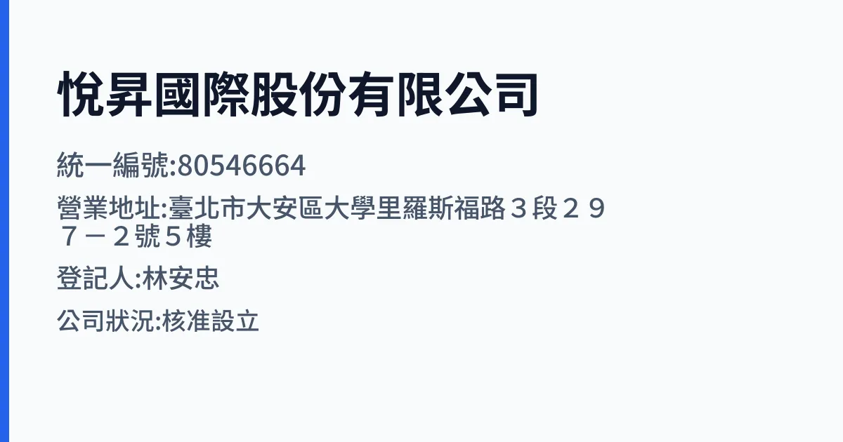 悅昇國際股份有限公司 - 統編 80546664(臺北市) 公司登記資料與營業項目詳細圖表
