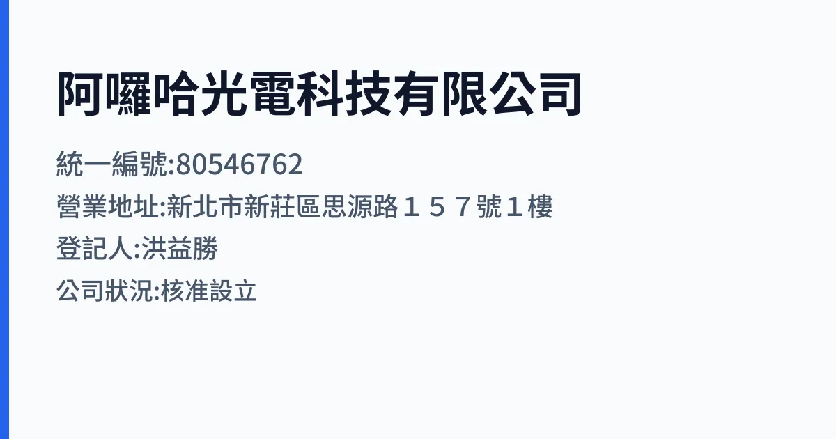 阿囉哈光電科技有限公司 - 統編 80546762(新北市) 公司登記資料與營業項目詳細圖表
