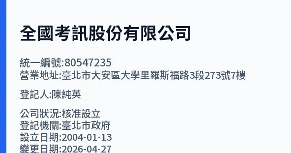 全國考訊股份有限公司的照片-統編 80547235(臺北市) 公司登記資料與營業項目詳細圖表