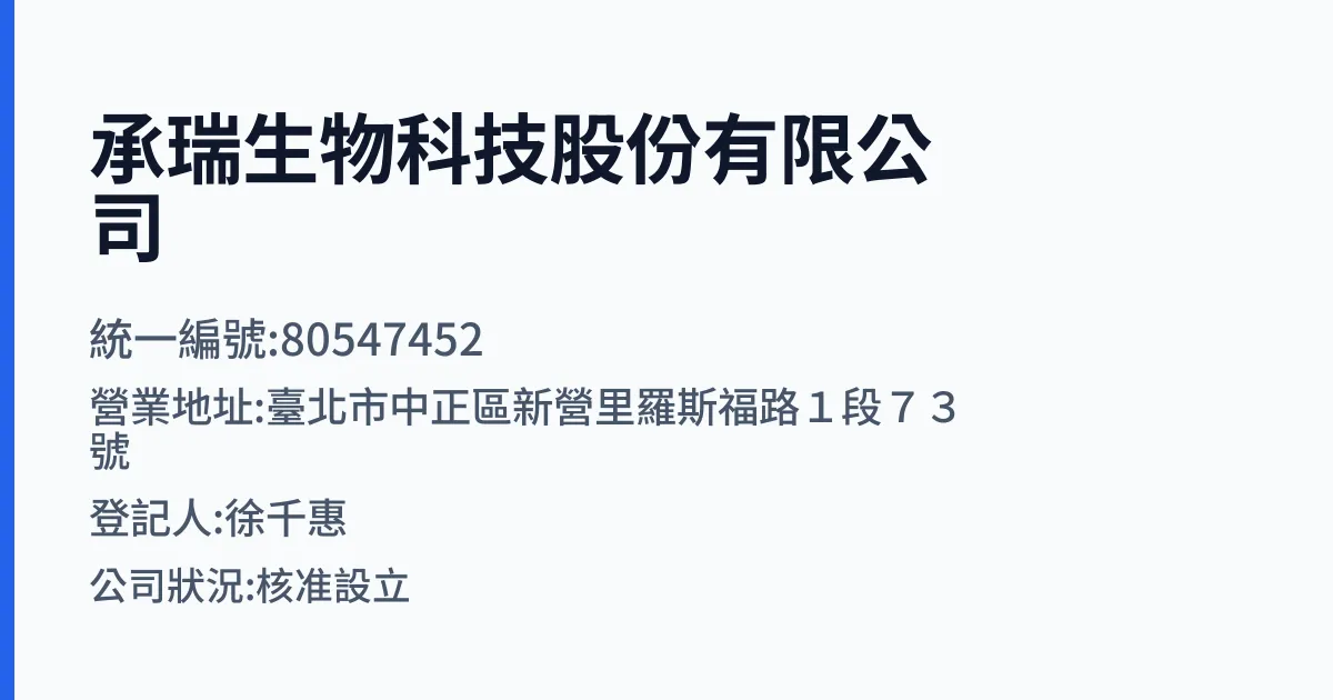 承瑞生物科技股份有限公司 - 統編 80547452(臺北市) 公司登記資料與營業項目詳細圖表