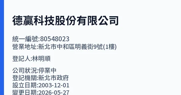 德贏科技股份有限公司的照片-統編 80548023(新北市) 公司登記資料與營業項目詳細圖表