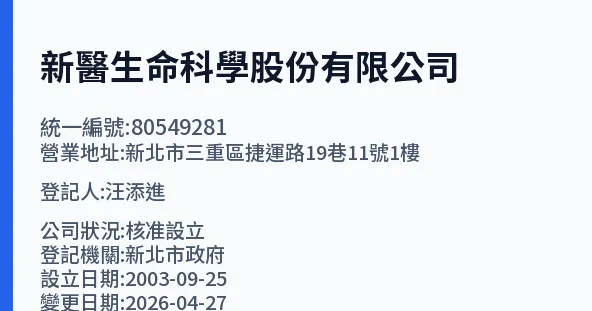 新醫生命科學股份有限公司的照片-統編 80549281(新北市) 公司登記資料與營業項目詳細圖表