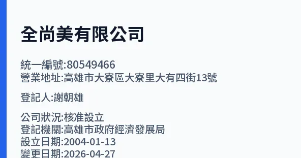 全尚美有限公司的照片-統編 80549466(高雄市) 公司登記資料與營業項目詳細圖表