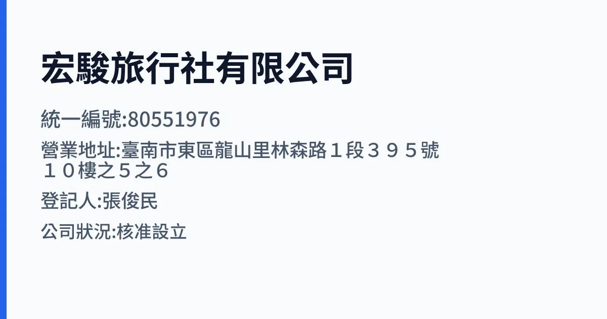 宏駿旅行社有限公司 - 統編 80551976(臺南市) 公司登記資料與營業項目詳細圖表