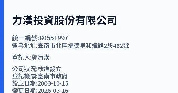 力漢投資股份有限公司的照片-統編 80551997(臺南市) 公司登記資料與營業項目詳細圖表