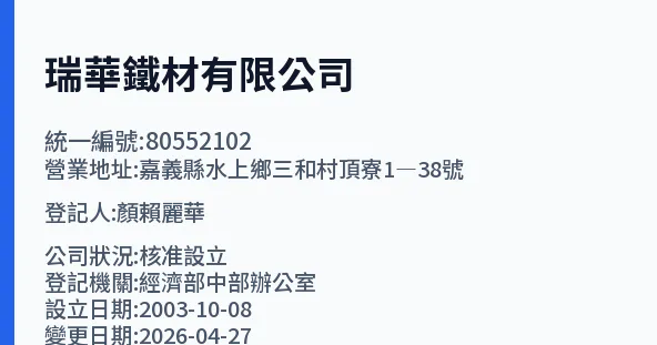 瑞華鐵材有限公司的照片-統編 80552102(嘉義縣) 公司登記資料與營業項目詳細圖表