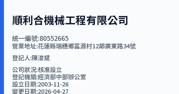 順利合機械工程有限公司的照片-統編 80552665(花蓮縣) 公司登記資料與營業項目詳細圖表