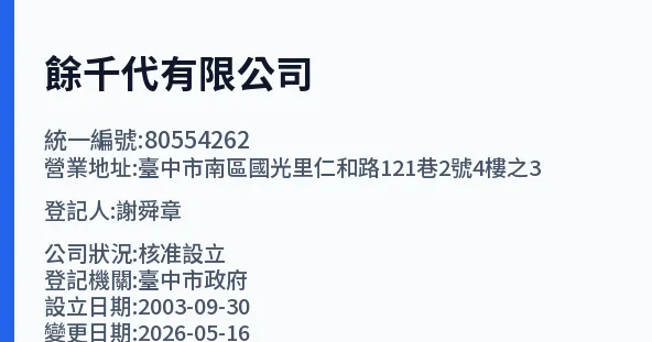 餘千代有限公司的照片-統編 80554262(臺中市) 公司登記資料與營業項目詳細圖表
