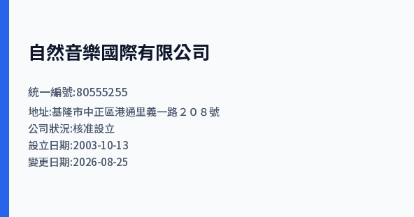 自然音樂國際有限公司的照片-統編 80555255 公司登記資料與營業項目詳細圖表