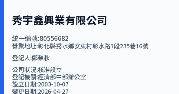 秀宇鑫興業有限公司的照片-統編 80556682(彰化縣) 公司登記資料與營業項目詳細圖表