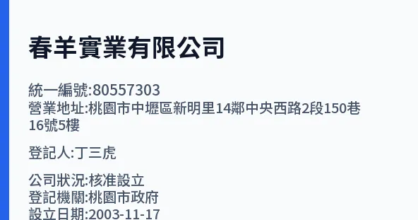 春羊實業有限公司的照片-統編 80557303(桃園市) 公司登記資料與營業項目詳細圖表