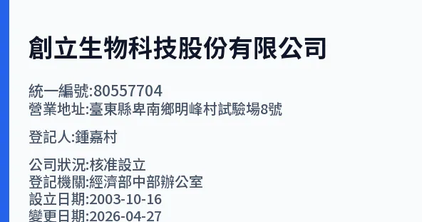 創立生物科技股份有限公司的照片-統編 80557704(臺東縣) 公司登記資料與營業項目詳細圖表