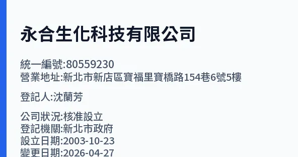 永合生化科技有限公司的照片-統編 80559230(新北市) 公司登記資料與營業項目詳細圖表