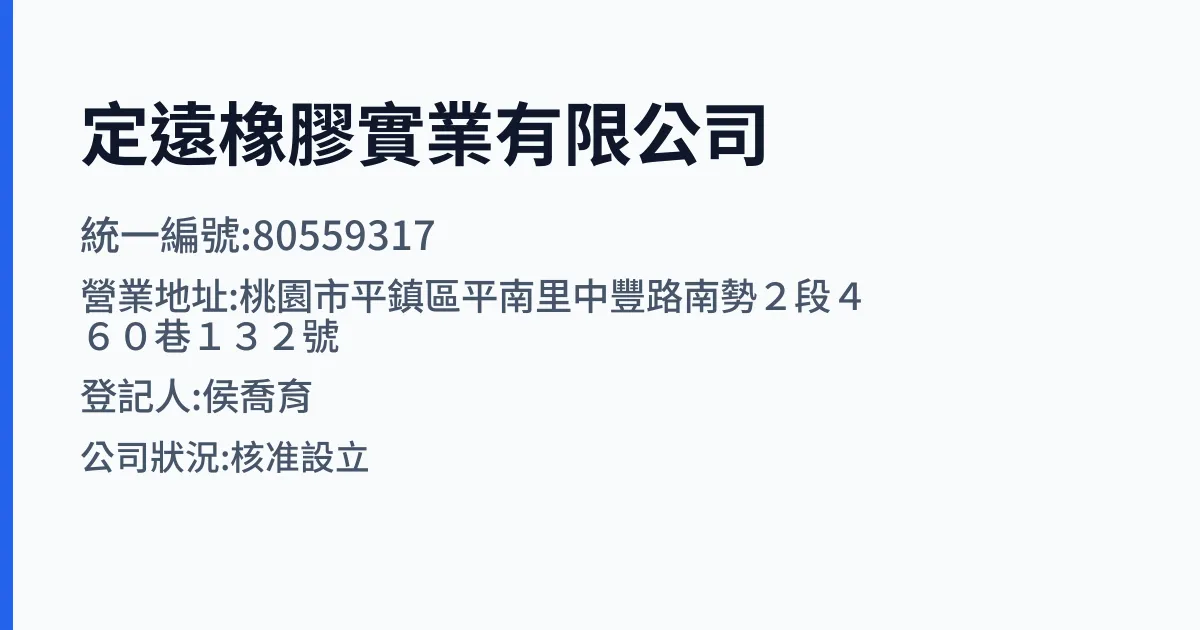 定遠橡膠實業有限公司 - 統編 80559317(桃園市) 公司登記資料與營業項目詳細圖表