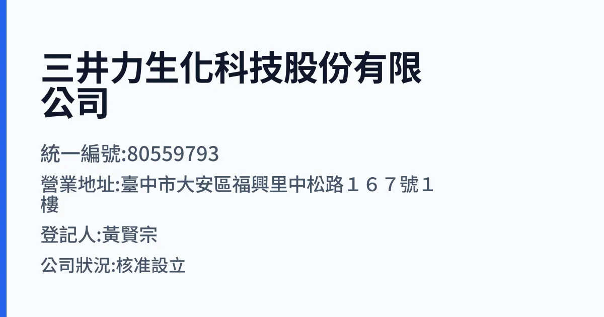 三井力生化科技股份有限公司 - 統編 80559793(臺中市) 公司登記資料與營業項目詳細圖表