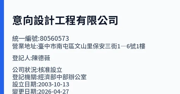 意向設計工程有限公司的照片-統編 80560573(臺中市) 公司登記資料與營業項目詳細圖表