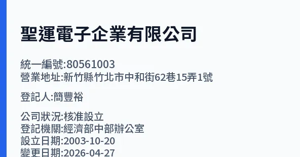 聖運電子企業有限公司的照片-統編 80561003(新竹縣) 公司登記資料與營業項目詳細圖表