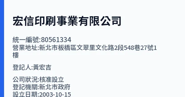 宏信印刷事業有限公司的照片-統編 80561334(新北市) 公司登記資料與營業項目詳細圖表