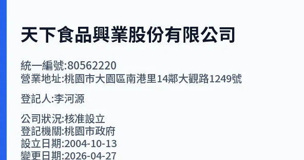 天下食品興業股份有限公司的照片-統編 80562220(桃園市) 公司登記資料與營業項目詳細圖表
