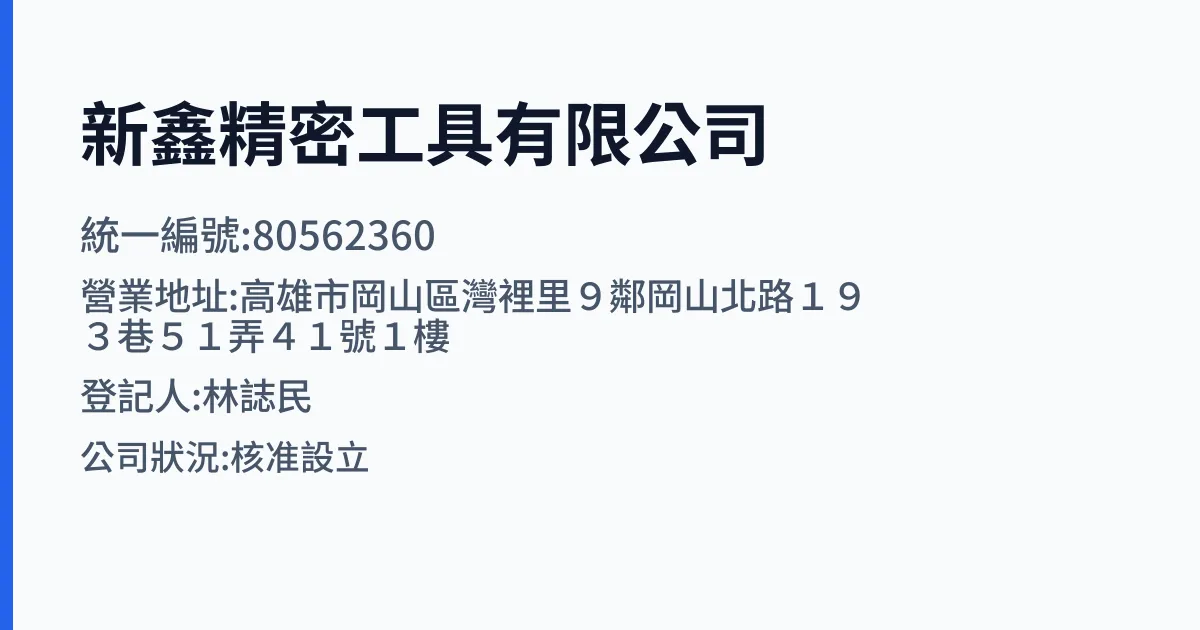 新鑫精密工具有限公司 - 統編 80562360(高雄市) 公司登記資料與營業項目詳細圖表