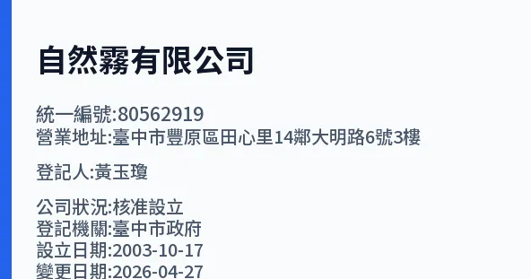 自然霧有限公司的照片-統編 80562919(臺中市) 公司登記資料與營業項目詳細圖表