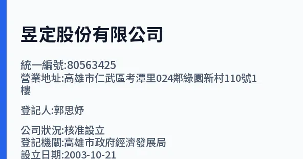 昱定股份有限公司的照片-統編 80563425(高雄市) 公司登記資料與營業項目詳細圖表