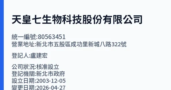 天皇七生物科技股份有限公司的照片-統編 80563451(新北市) 公司登記資料與營業項目詳細圖表