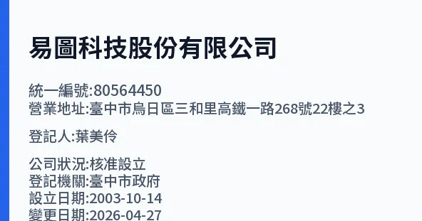 易圖科技股份有限公司的照片-統編 80564450(臺中市) 公司登記資料與營業項目詳細圖表