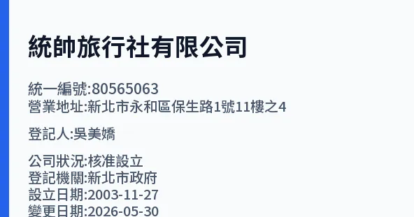 統帥旅行社有限公司的照片-統編 80565063(新北市) 公司登記資料與營業項目詳細圖表