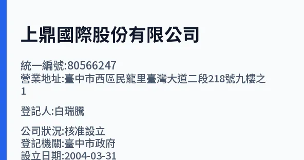 上鼎國際股份有限公司的照片-統編 80566247(臺中市) 公司登記資料與營業項目詳細圖表