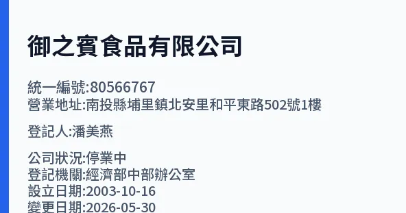 御之賓食品有限公司的照片-統編 80566767(南投縣) 公司登記資料與營業項目詳細圖表