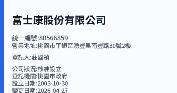 富士康股份有限公司的照片-統編 80566859(桃園市) 公司登記資料與營業項目詳細圖表