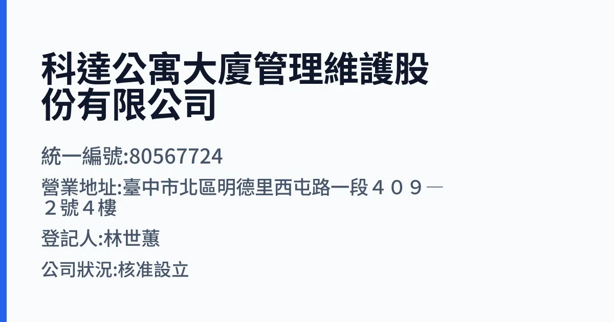 科達公寓大廈管理維護股份有限公司 - 統編 80567724(臺中市) 公司登記資料與營業項目詳細圖表