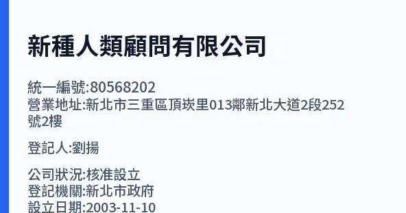新種人類顧問有限公司的照片-統編 80568202(新北市) 公司登記資料與營業項目詳細圖表