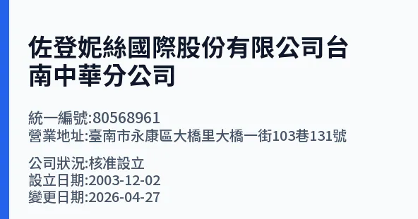 佐登妮絲國際股份有限公司台南中華分公司的照片-統編 80568961(臺南市) 公司登記資料與營業項目詳細圖表