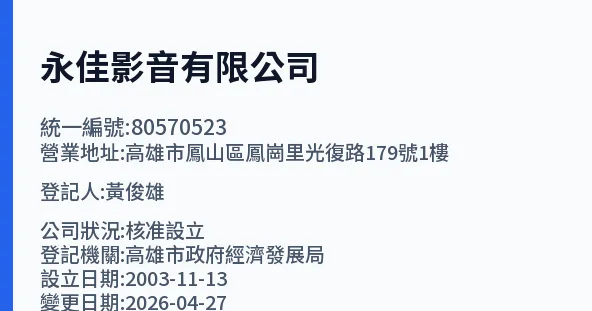 永佳影音有限公司的照片-統編 80570523(高雄市) 公司登記資料與營業項目詳細圖表