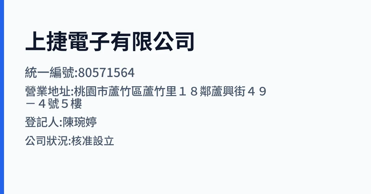 上捷電子有限公司 - 統編 80571564(桃園市) 公司登記資料與營業項目詳細圖表