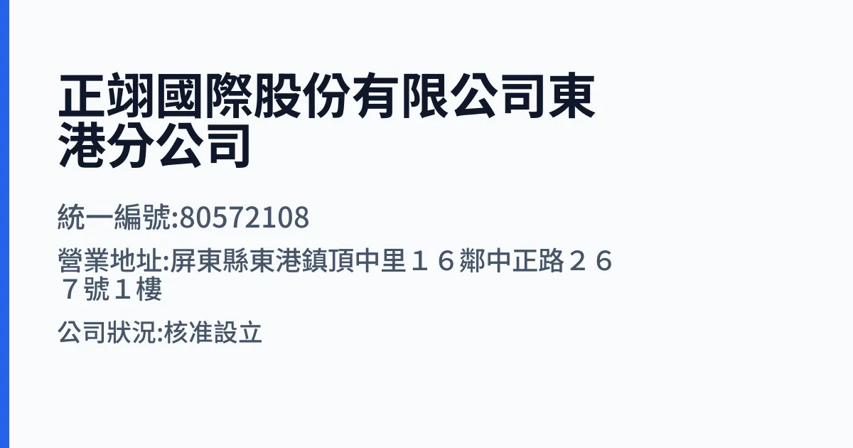 正翊國際股份有限公司東港分公司 - 統編 80572108(屏東縣) 公司登記資料與營業項目詳細圖表