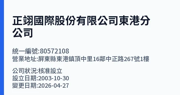 正翊國際股份有限公司東港分公司的照片-統編 80572108(屏東縣) 公司登記資料與營業項目詳細圖表