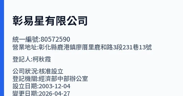 彰易星有限公司的照片-統編 80572590(彰化縣) 公司登記資料與營業項目詳細圖表